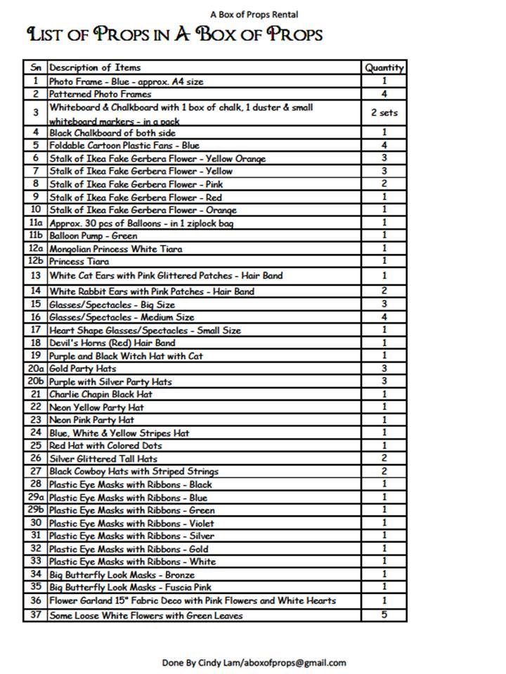 A Box of Props: List of Props