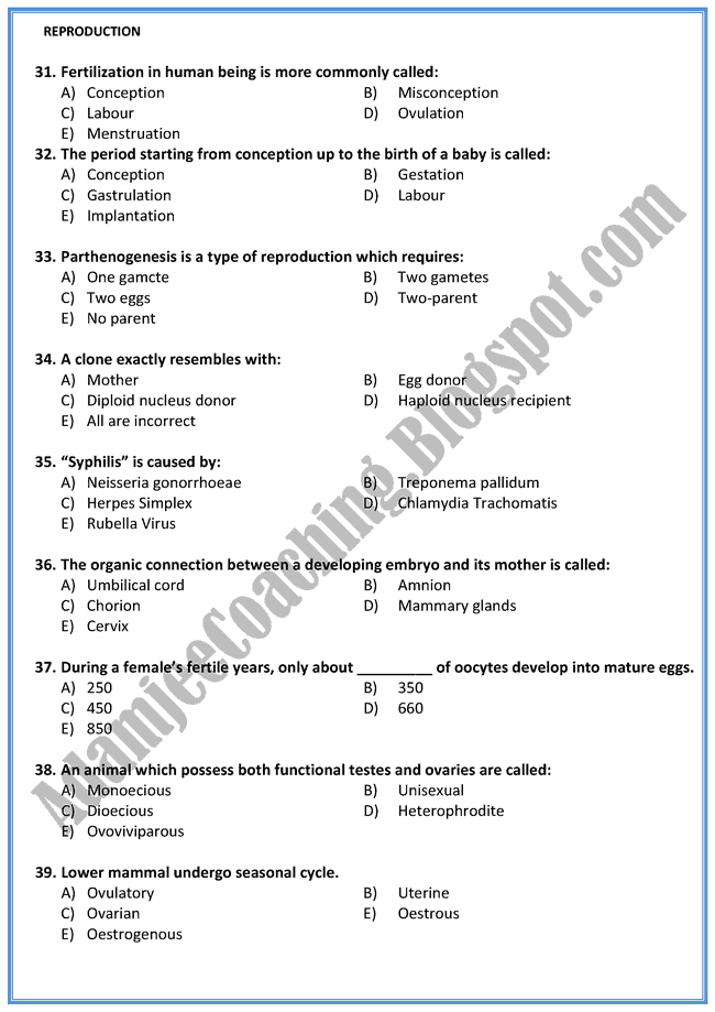 Adamjee Coaching: Biology Mcqs XII - Reproduction - Mcqs Adamjee Coaching: Biology Mcqs XII - Reproduction - Mcqs