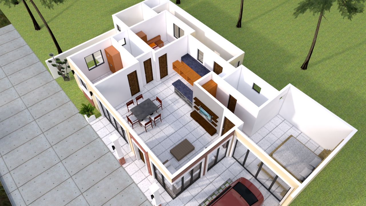 Plan 3d Home Design 16x9.5m 3 Bedrooms - House Plan Map