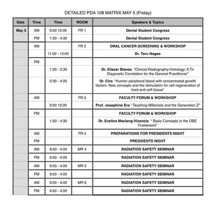 108th PDA Convention Schedule Matrix ~ Pinoydental