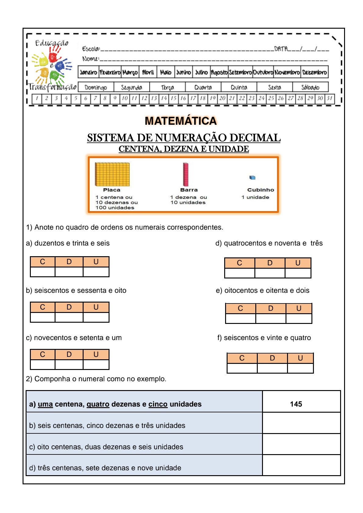 Atividade Sistema De Numera o Decimal 3 Ano