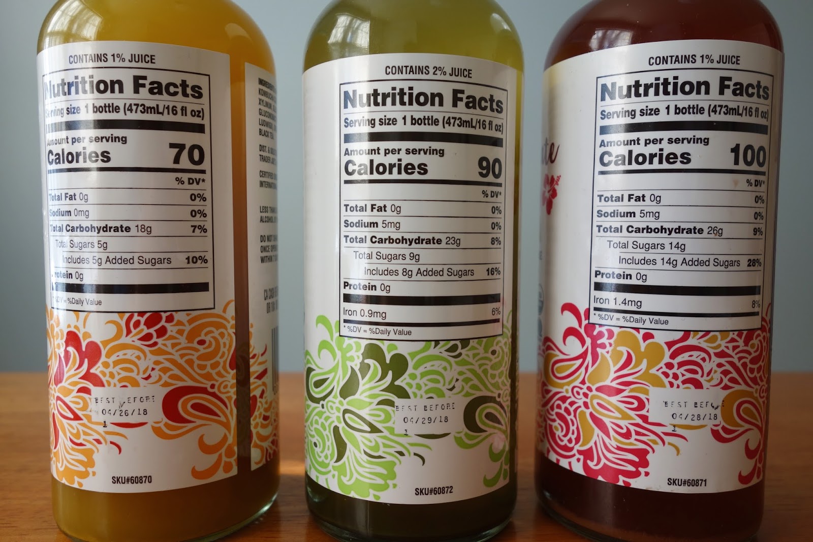 Trader Joe's Organic Mango Kombucha, Organic Green Kombucha, & Organic Pomegranate Hibiscus Kombucha