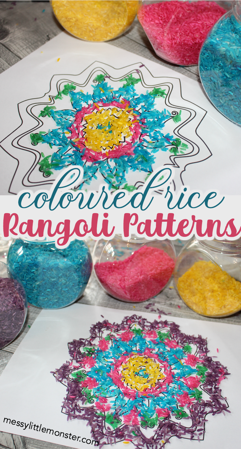 Coloured Rice Rangoli Patterns with Template - Messy Little Monster
