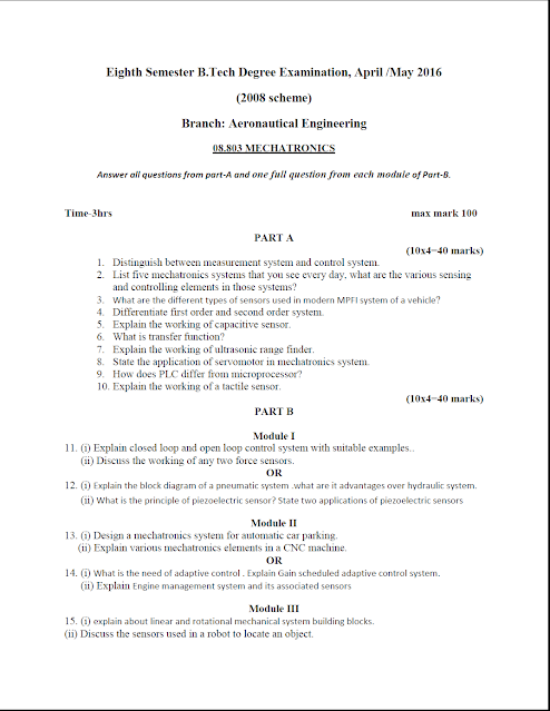 Kerala University B Tech Mechatronics April /May 2016 Question Paper ...