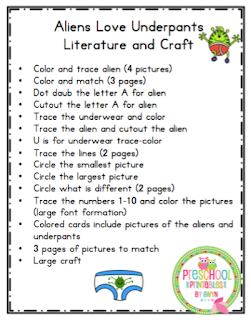 Aliens Love Underpants Literature and Craft Pack ~ Preschool Printables