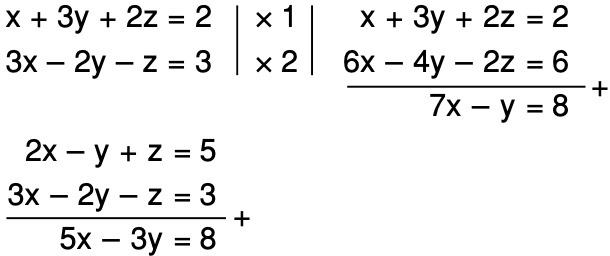 Tentukan nilai x, y, dan z dari sistem persamaan linear tiga variabel berikut! x + 3y + 2z = 2 ...