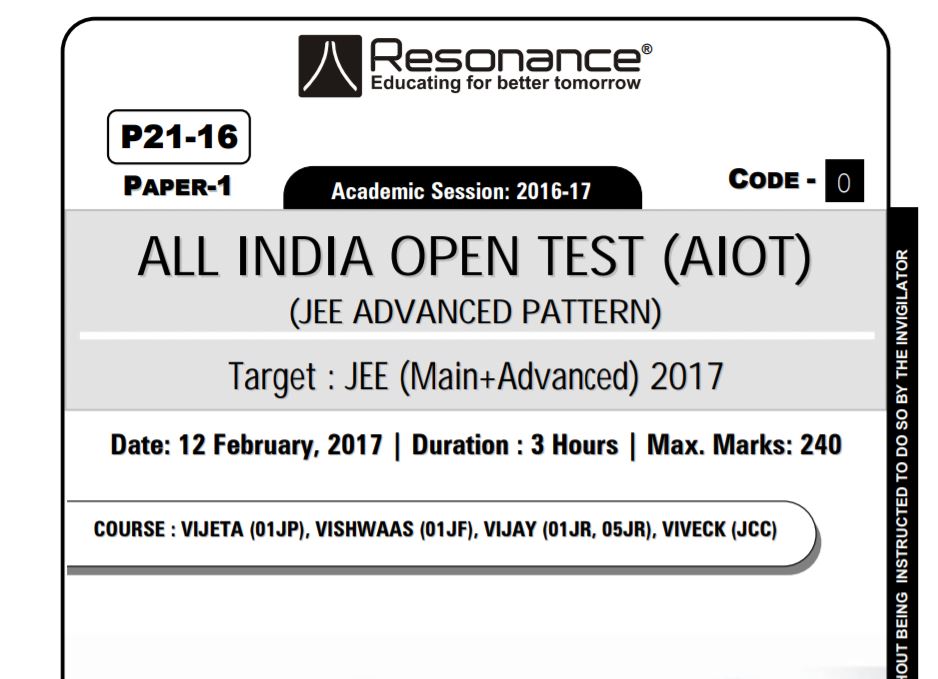 Resonance AITS papers for JEE MAINS & ADVANCED with solutions(in pdf)-(1)