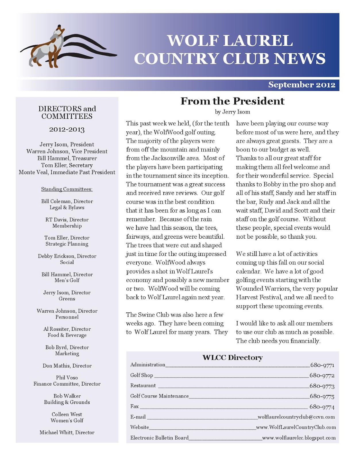 Wolf Laurel Country Club Bulletin Board: September 2012