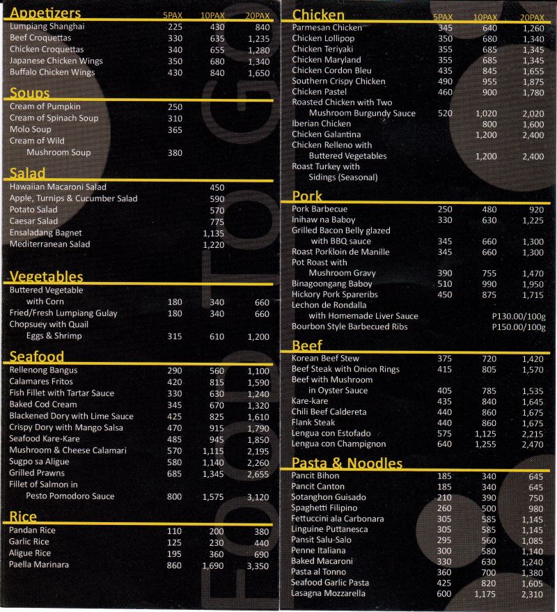 Menus in Manila: Our Kitchen Menu (by Manila Catering)