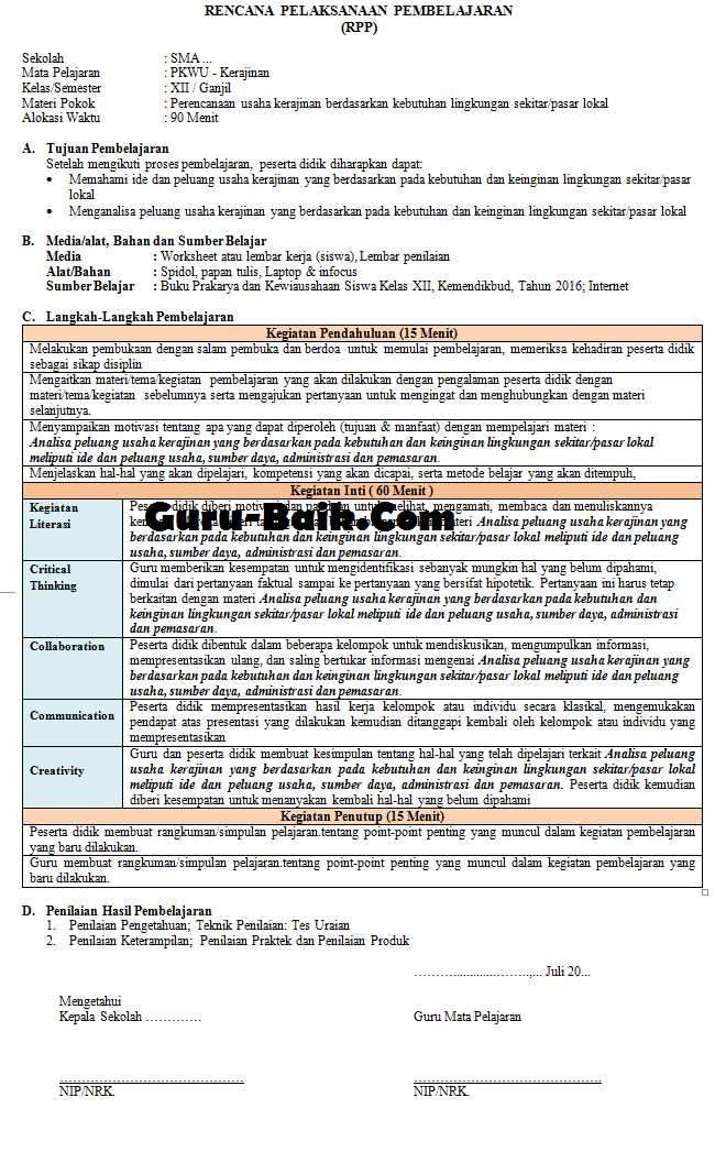 RPP Terbaru PKWU Kelas XII SMA Format 1 Lembar Tahun 2021/2022 - Guru Baik