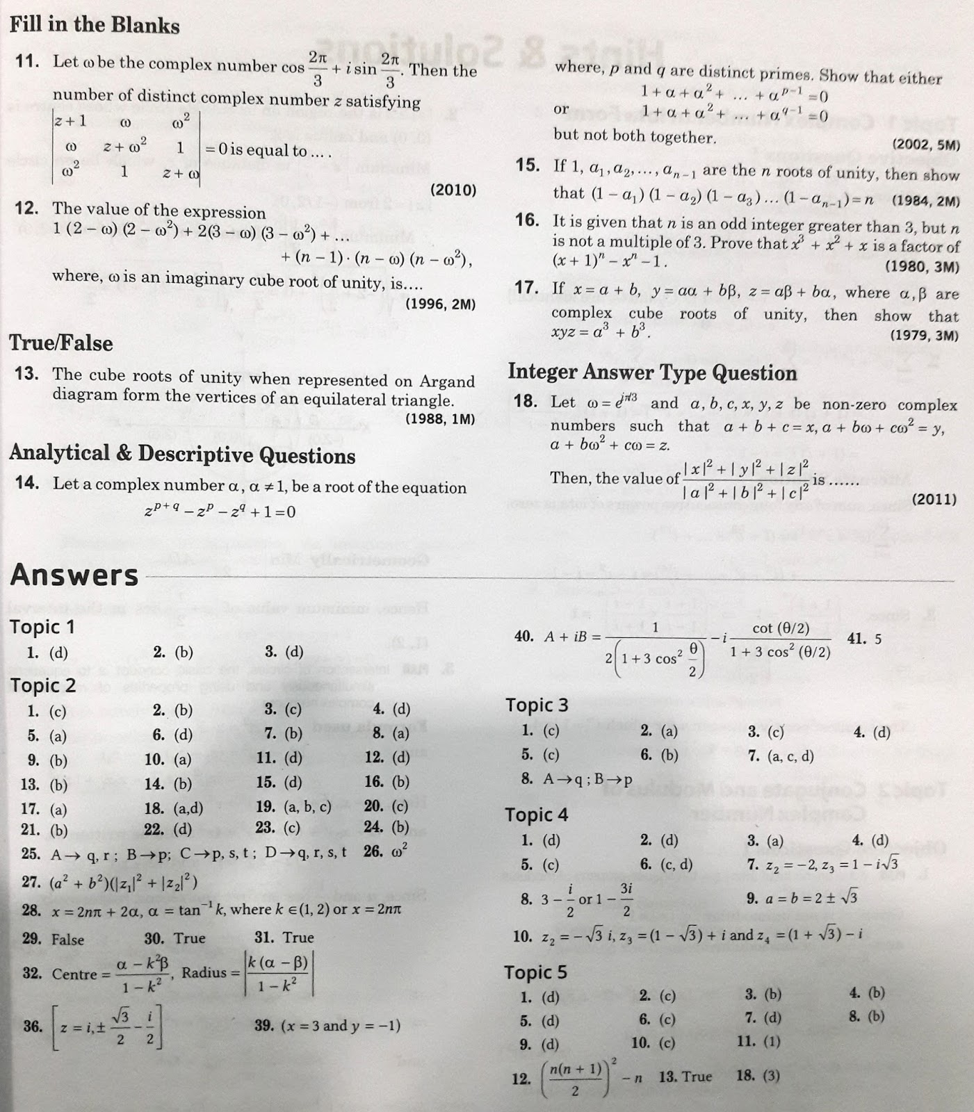 Complex Numbers JEE Advanced 38 Year Previous Year Questions Free PDF ...