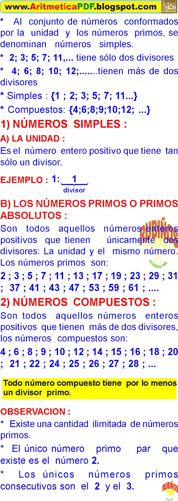 NÚMEROS PRIMOS EJERCICIOS RESUELTOS DE ARITMÉTICA PREUNIVERSITARIA EN PDF