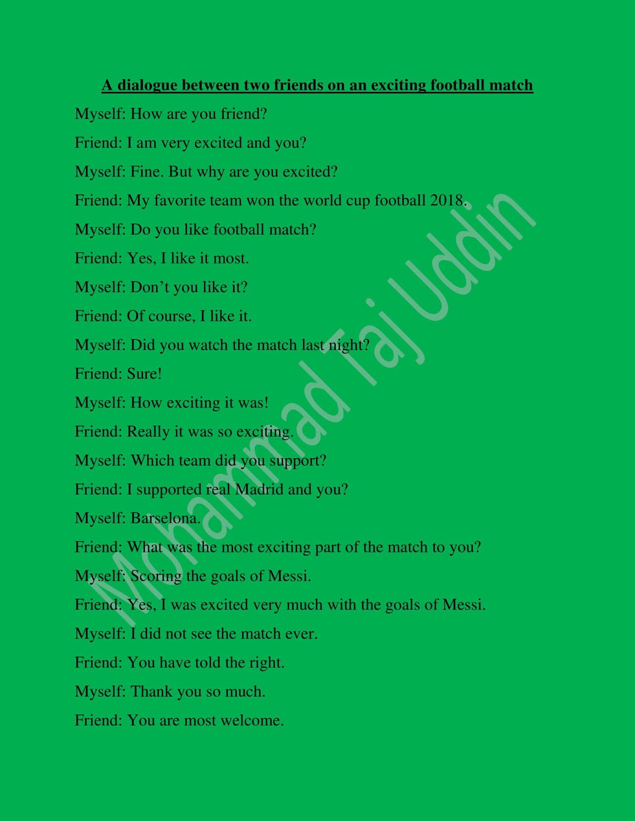 A dialogue between two friends on an exciting football match