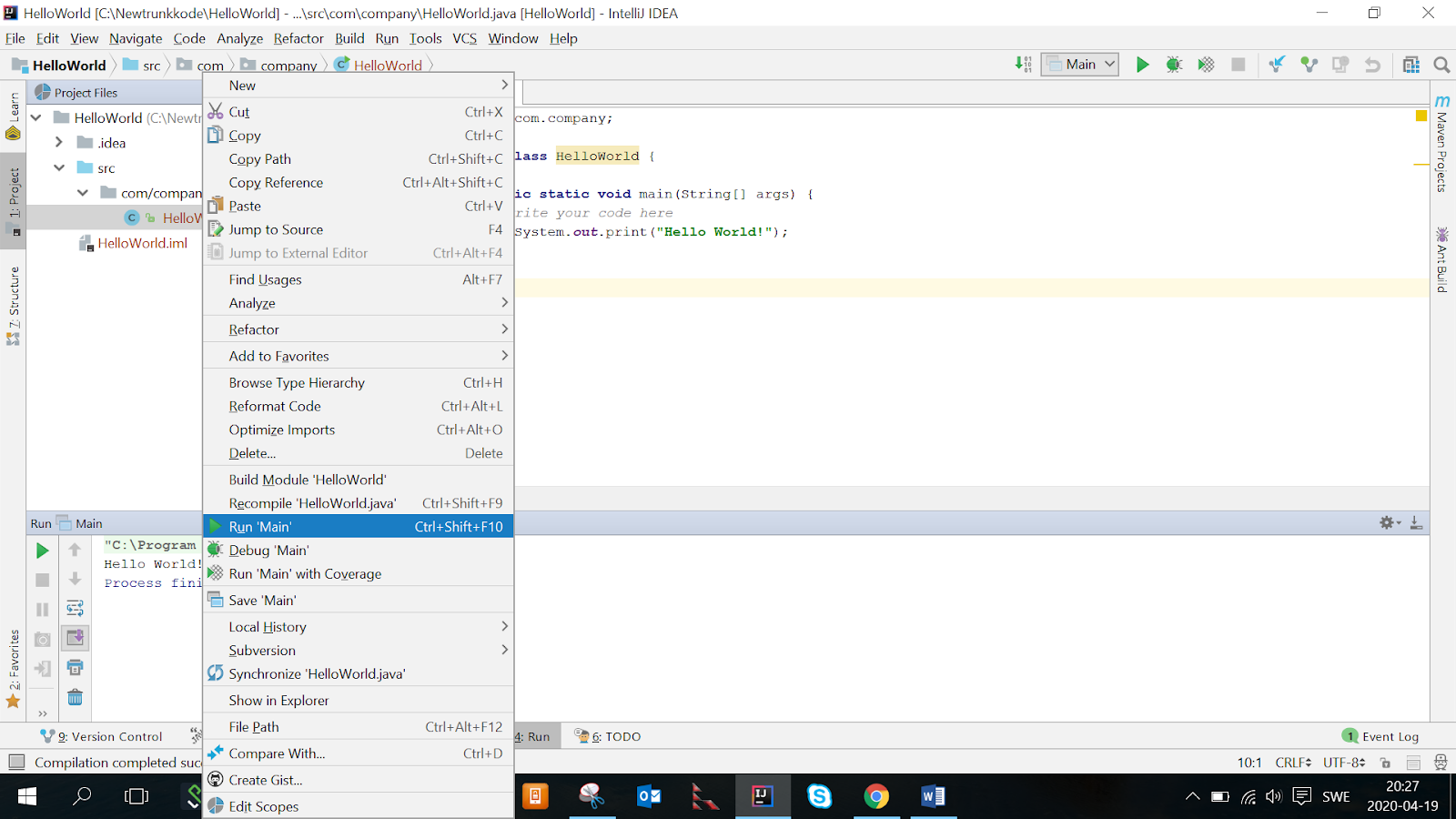 Hello World java program using Intellij