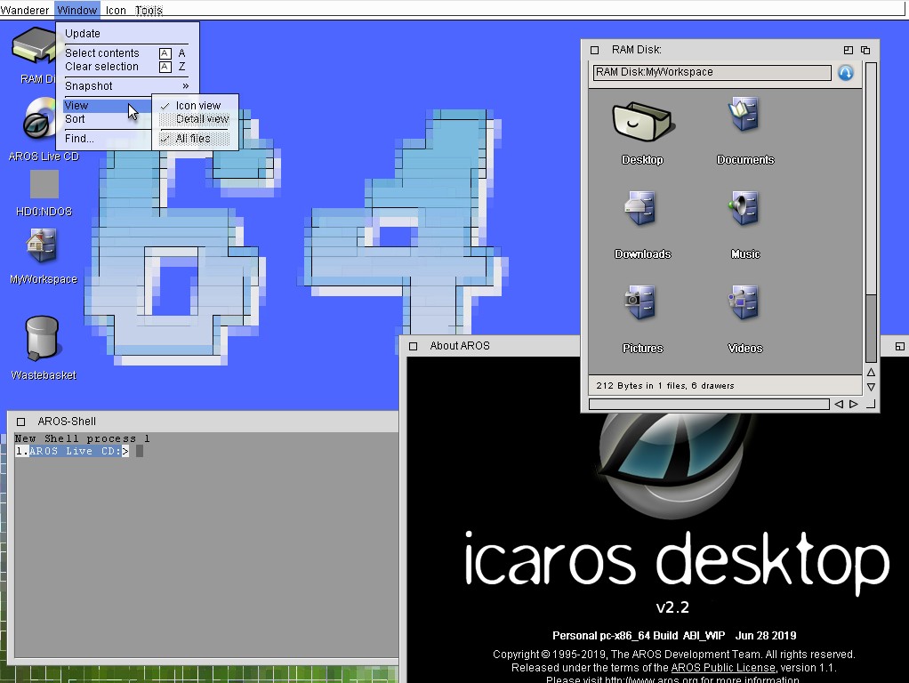 Icaros 64 first boot - Icaros Desktop