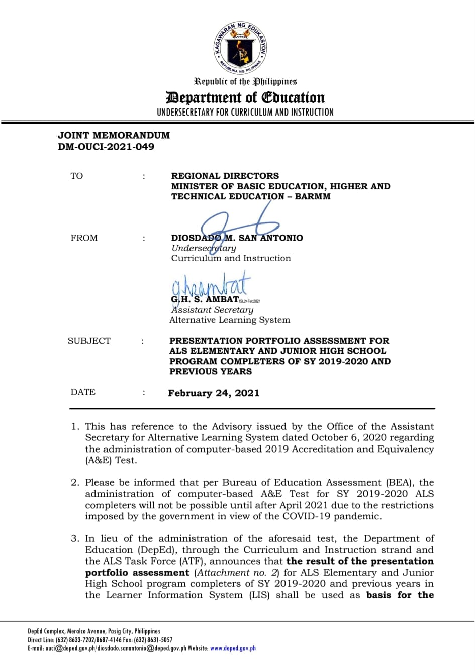 Alternative Learning System: DepED Issues Joint Memorandum for Batch ...