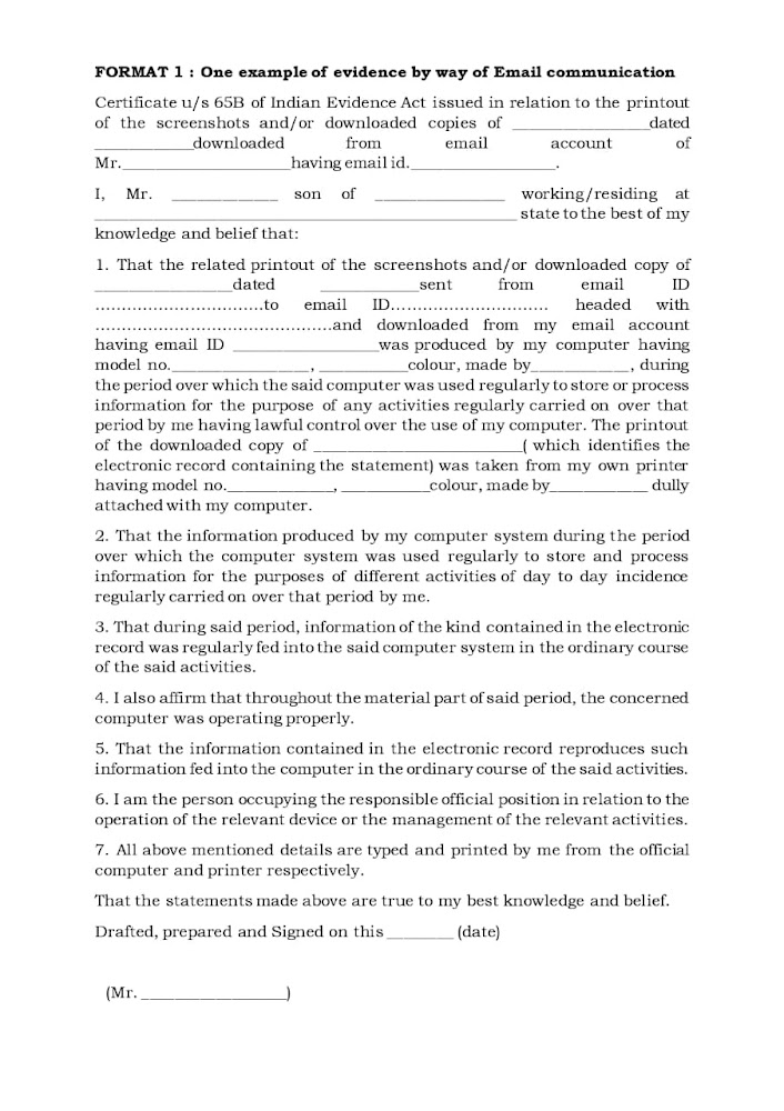 65B Certificate Format | Certificate u/s 65B Indian evidence act