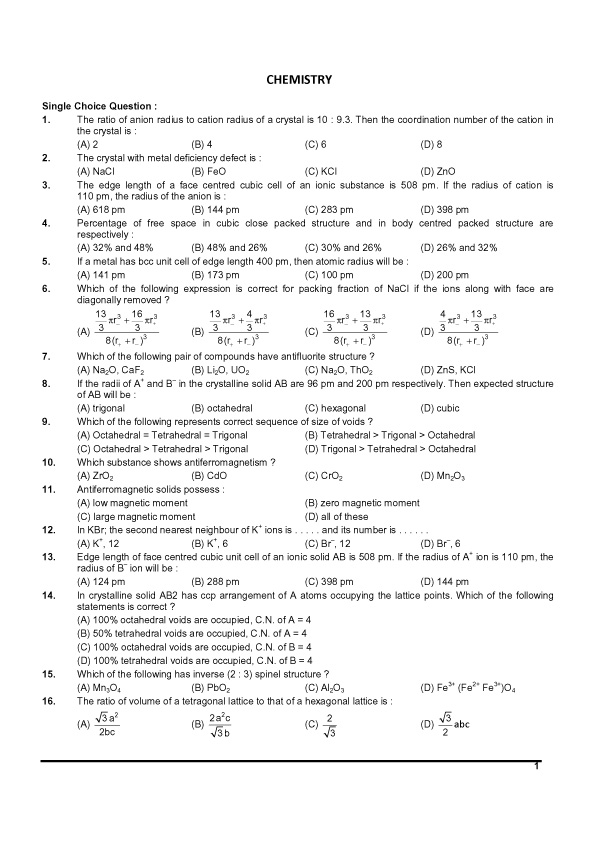 SOLID STATE MCQ ~ CHEMISTRY BY MUKESH SHARMA