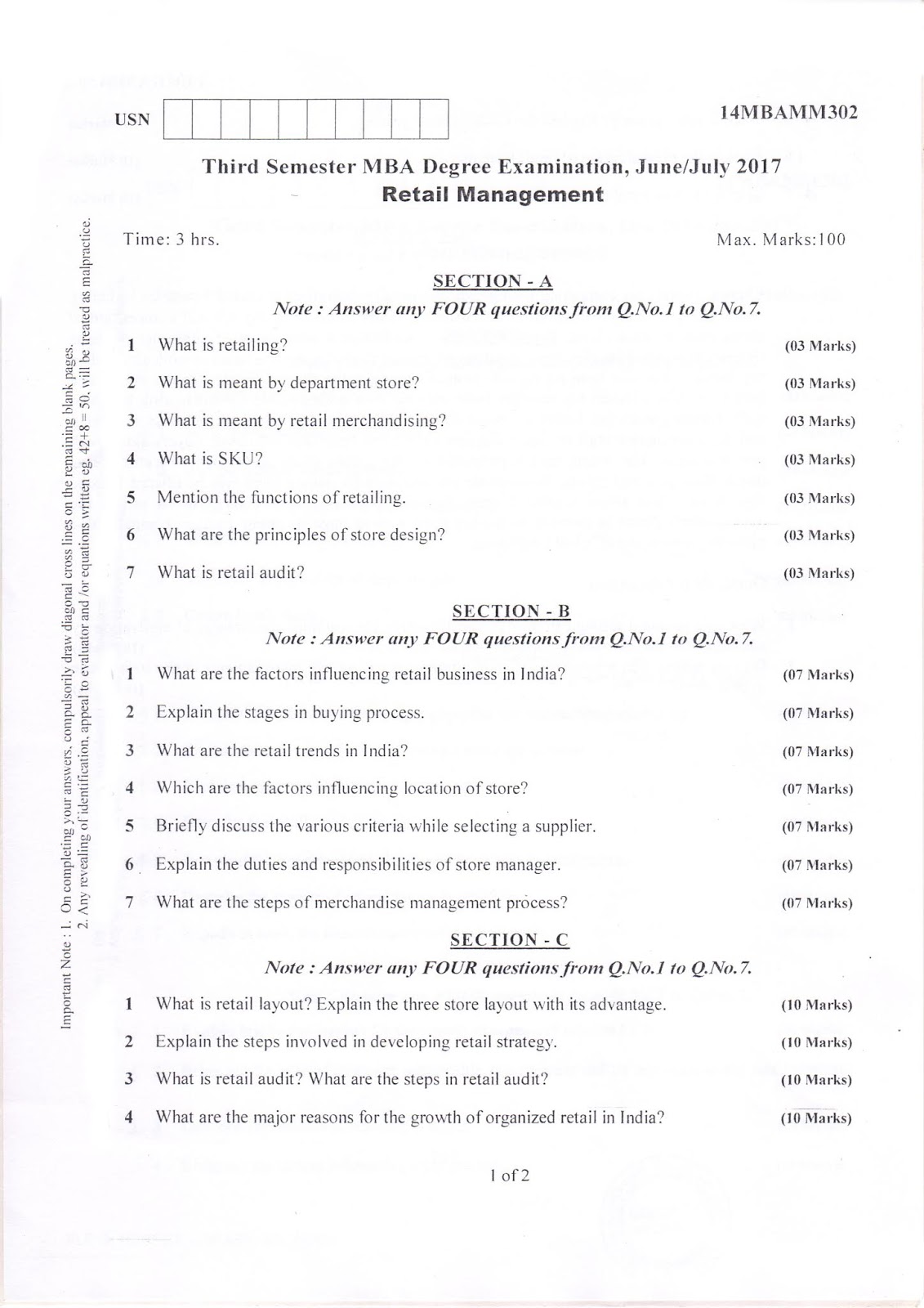 AR VTU MBA E-NOTES: VTU MBA 3rd sem question papers Retail Management