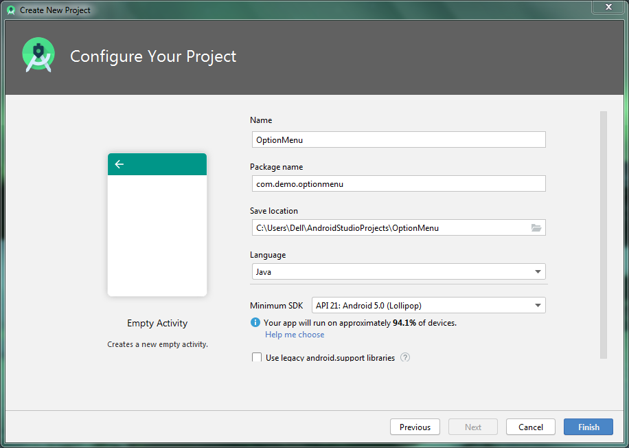 How to create an options menu in Android Studio?