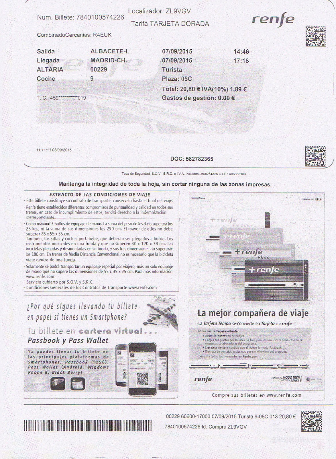 The traveler's drawer: RENFE. Billete para tren Altaria 00229 de ...