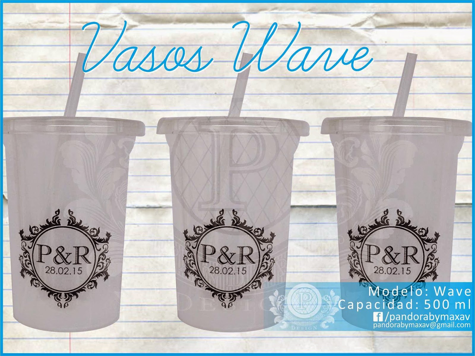 Vasos con tapa y popote para Boda | Pandora Design-Portafolio