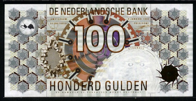 Netherlands currency 100 Gulden banknote 1992 Little Owl & Abstract ...