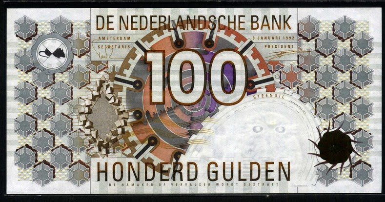 Netherlands currency 100 Gulden banknote 1992 Little Owl & Abstract ...