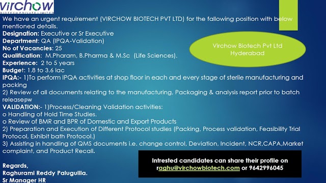 Virchow Biotech | Urgent openings (50) in Production & QA at Hyderabad ... Virchow Biotech | Urgent openings (50) in Production & QA at Hyderabad ...