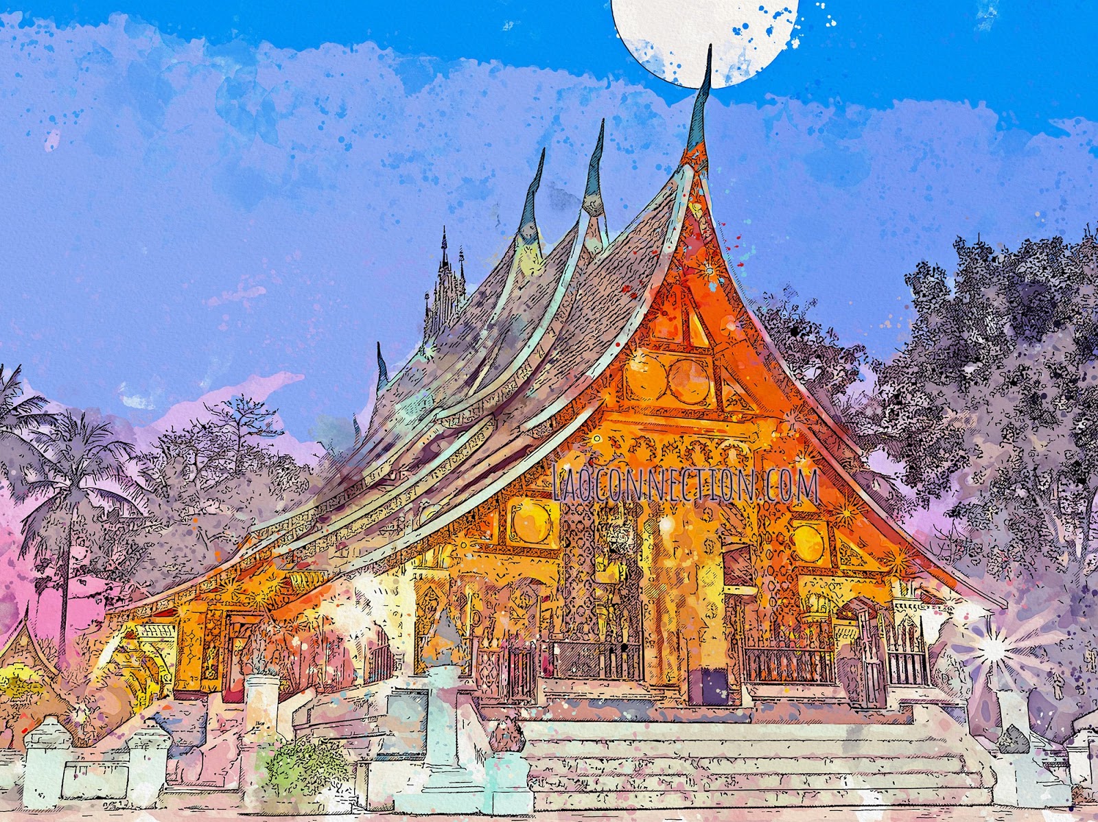 Laoconnection.com: ວັດຊຽງທອງ Watercolor drawing of Vat Xieng Tong in ...
