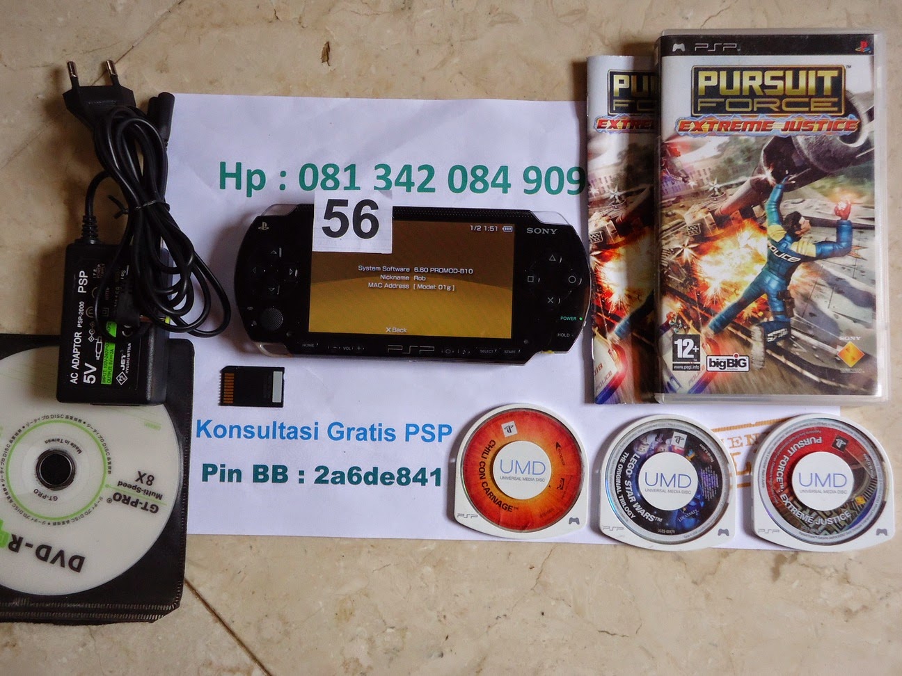 #56 PSP 1000 Black Pursuit Force 8 Gb + 3 UMD Sony - Obral PSP Second