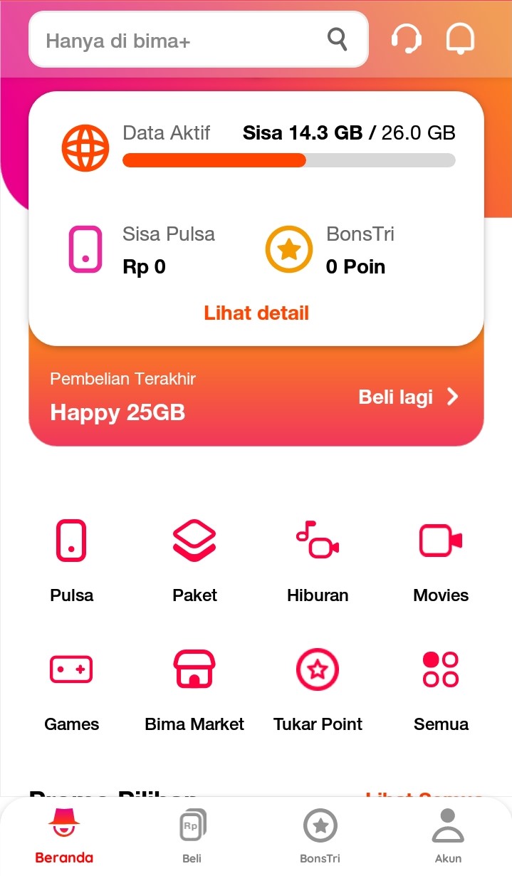 Aplikasi Bima Tri versi baru lebih ringan Cek Pulsa Dan Beli Paket ...