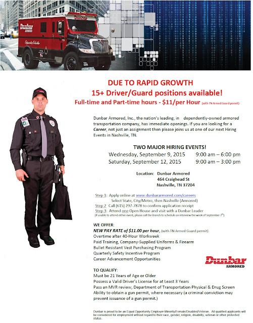 Nashville Security Job: Dunbar Armored, Inc. Hiring Event Nashville, TN