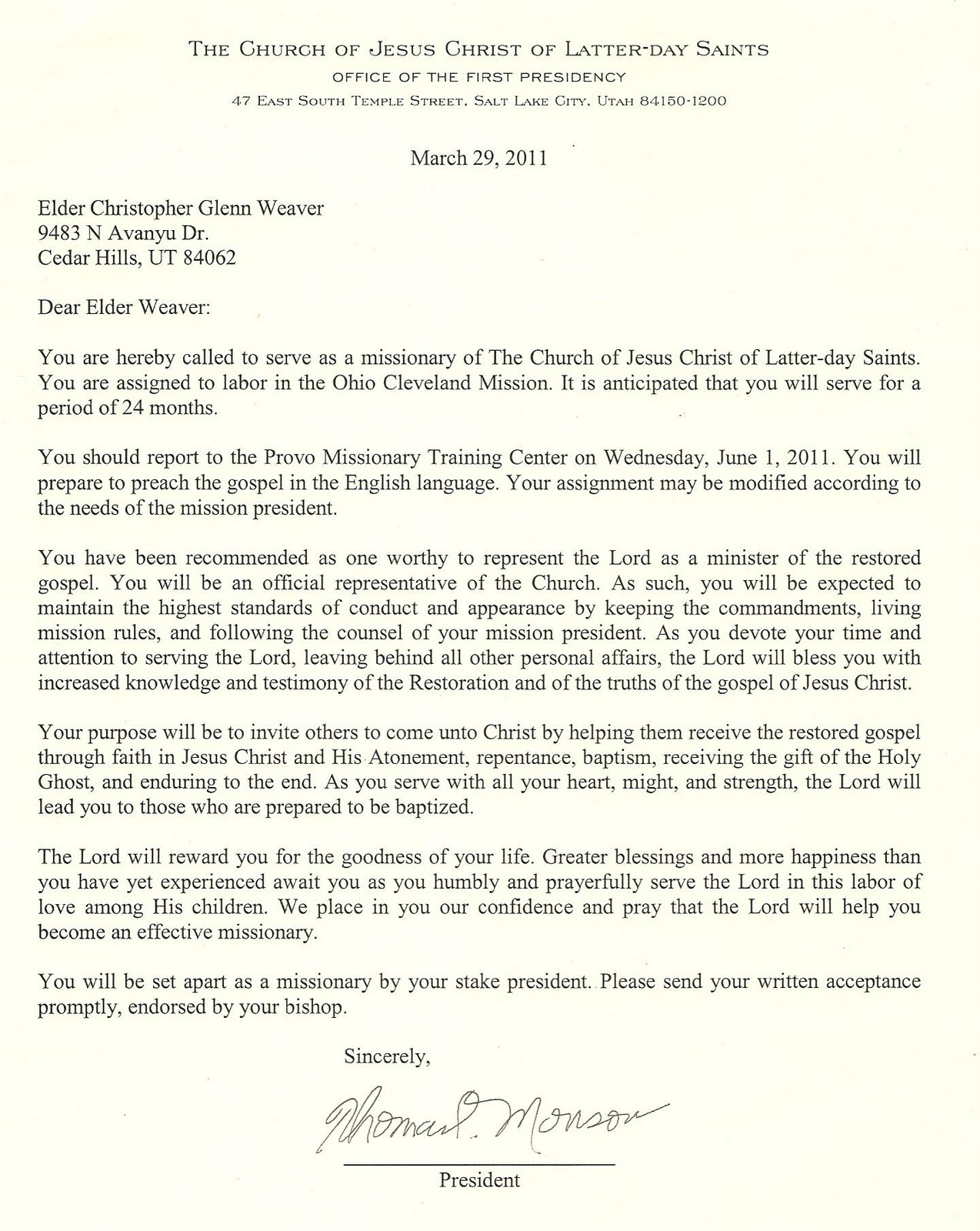 Elder Christopher Weaver: The Call Letter