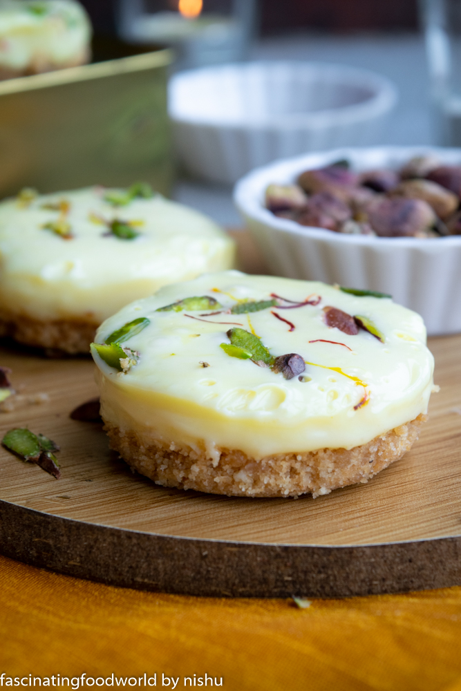 Mini Kesar Pista and white chocolate tart