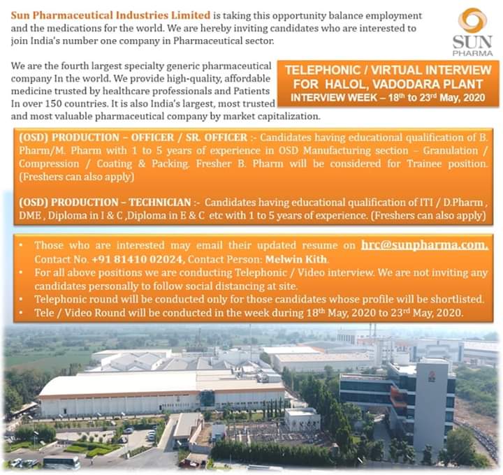 Sun Pharma Vadodara interview in 2020 May 18th to 23rd for Production ...