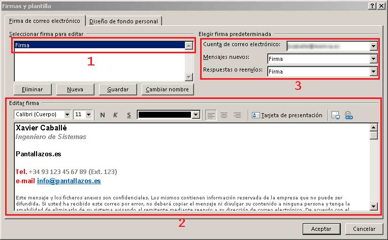 Pantallazos.es: Microsoft Outlook 2013/16: Crear una firma personalizada.