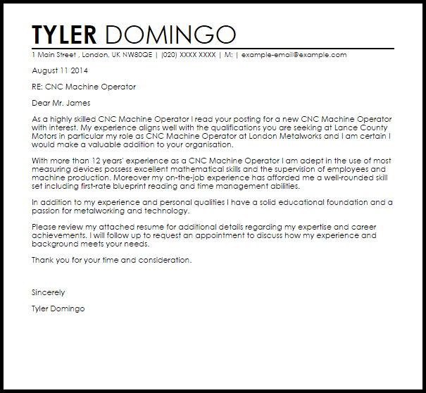 Machine Operator Cover Letter ~ Resume Letter