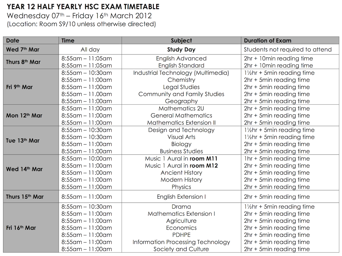 Year 12: HALF YEARLY EXAM TIMETABLE