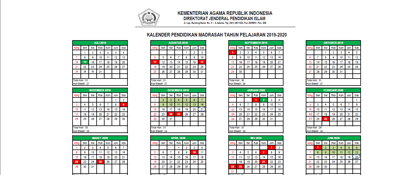 Unduh Kalender Pendidikan Madrasah Kementerian Agama Tahun Ajaran 2019 ...