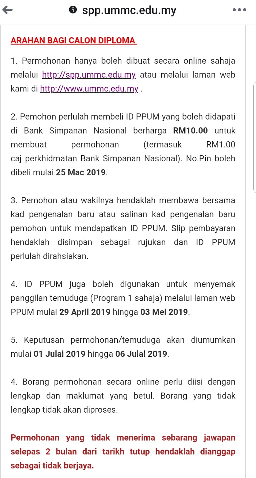 Permohonan ke Diploma Jururawat Pusat Perubatan UM 2019 ...