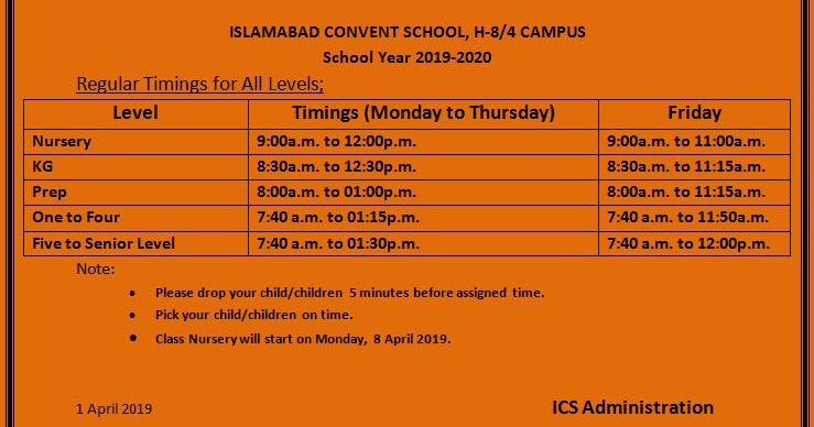 Islamabad Convent School H-8/4 Campus: Regular Timings for All Levels ...
