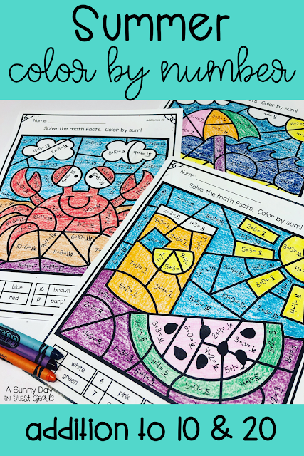 Summer Addition Practice (color by number) | A Sunny Day in First Grade