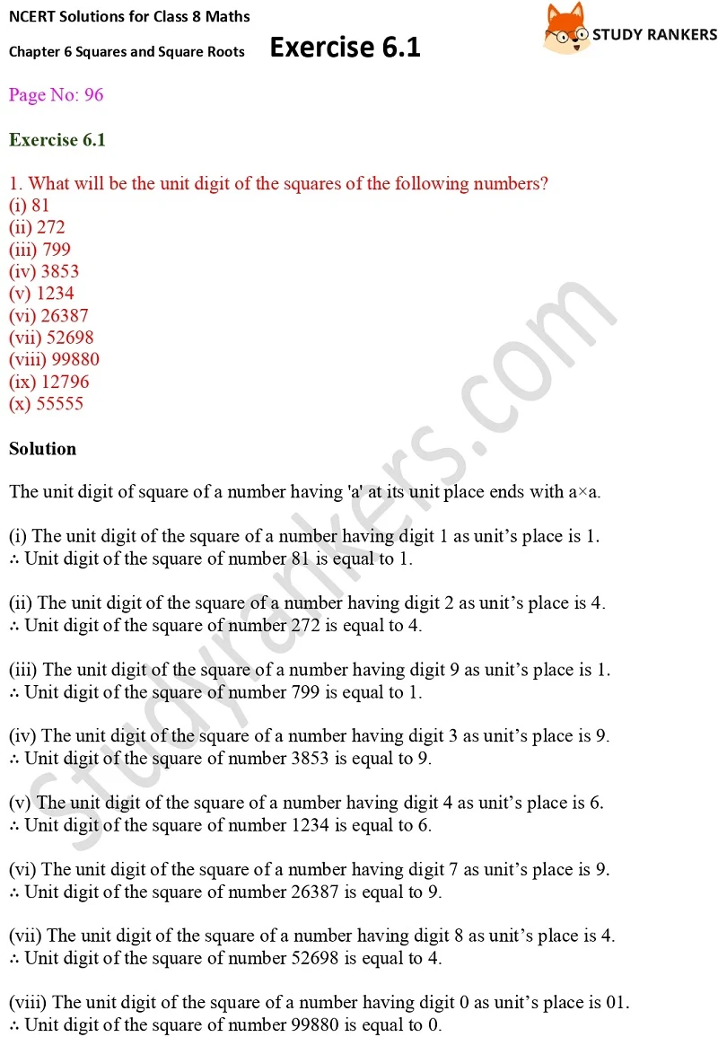 NCERT Solutions for Class 8 Maths Ch 6 Squares and Square Roots Exercise 6.1