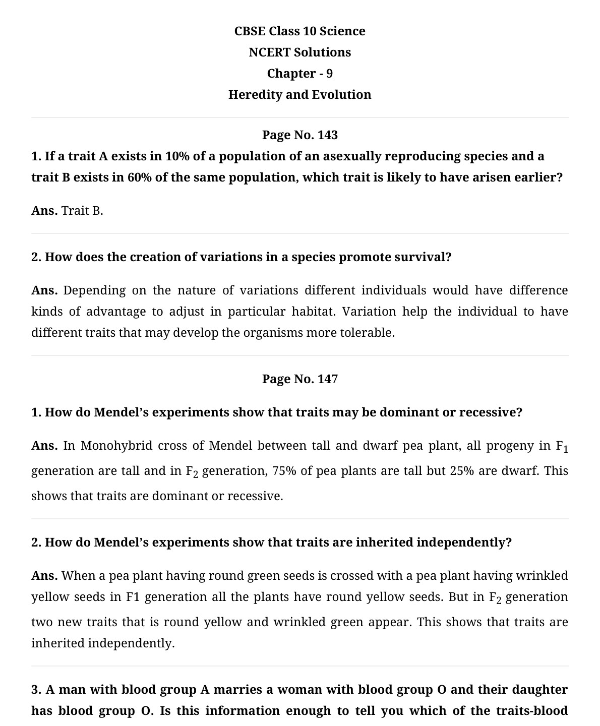 NCERT Solutions for CBSE Class 10 Science Heredity and Evolution