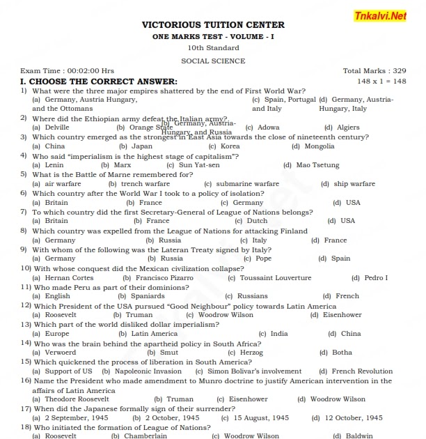 10th Standard Social Science One Mark Questions With Answer Key 10th-standard-social-science-one-mark-questions-with-answer-key