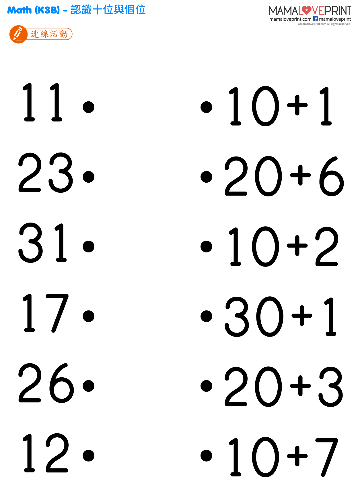 MamaLovePrint 數學工作紙 - 認識十位數和個位數 中英文兩位數工作紙 Learning Tens and Ones Math ...