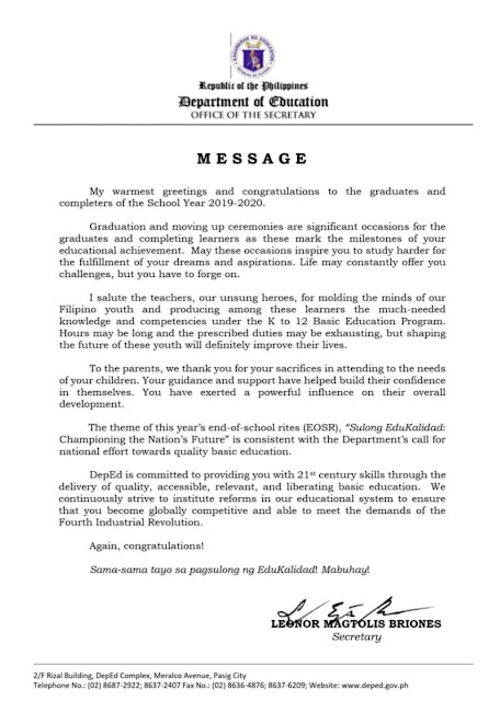Graduation Message of DepEd Secretary Leonor Magtolis Briones - The ...