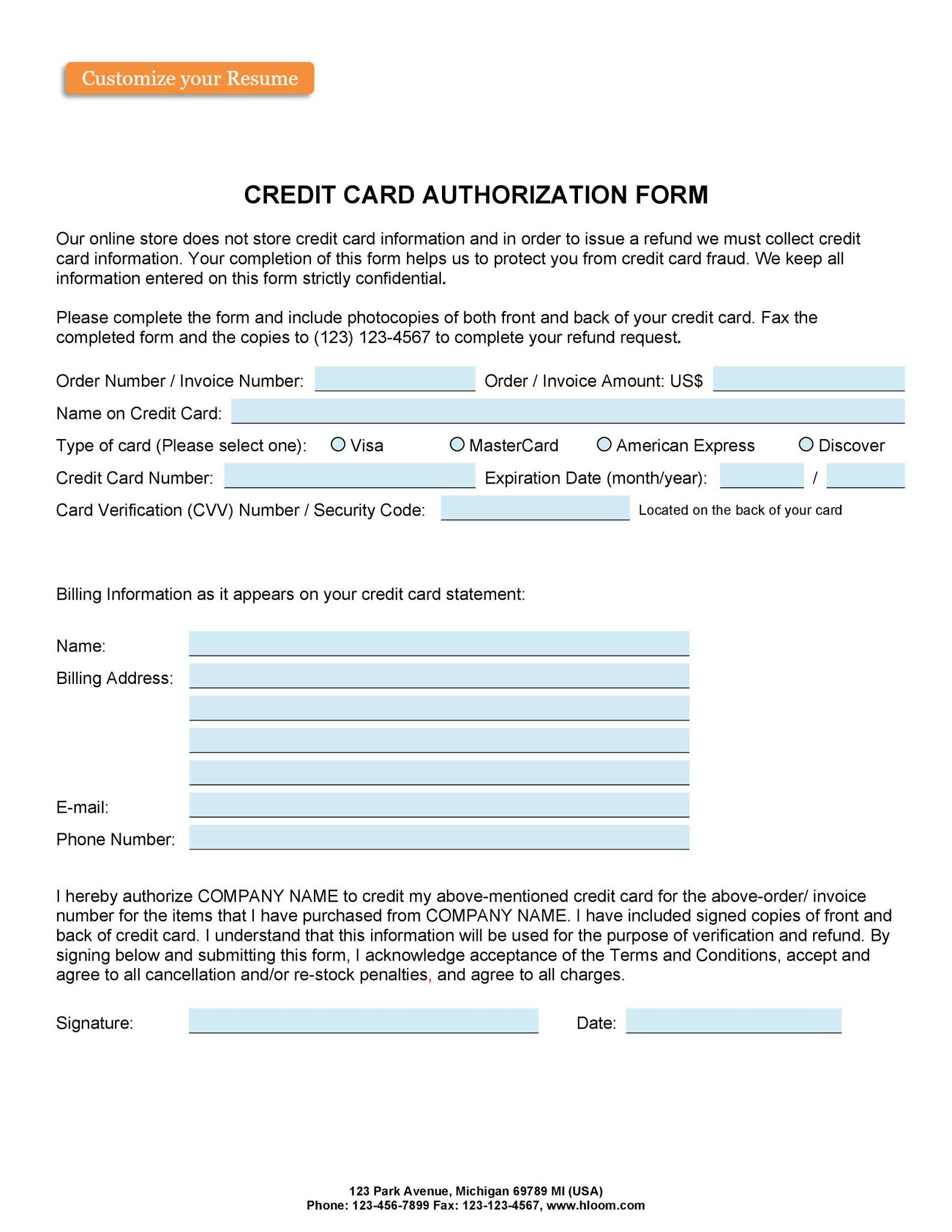 Credit Card Consent Form ~ Certificate Letter