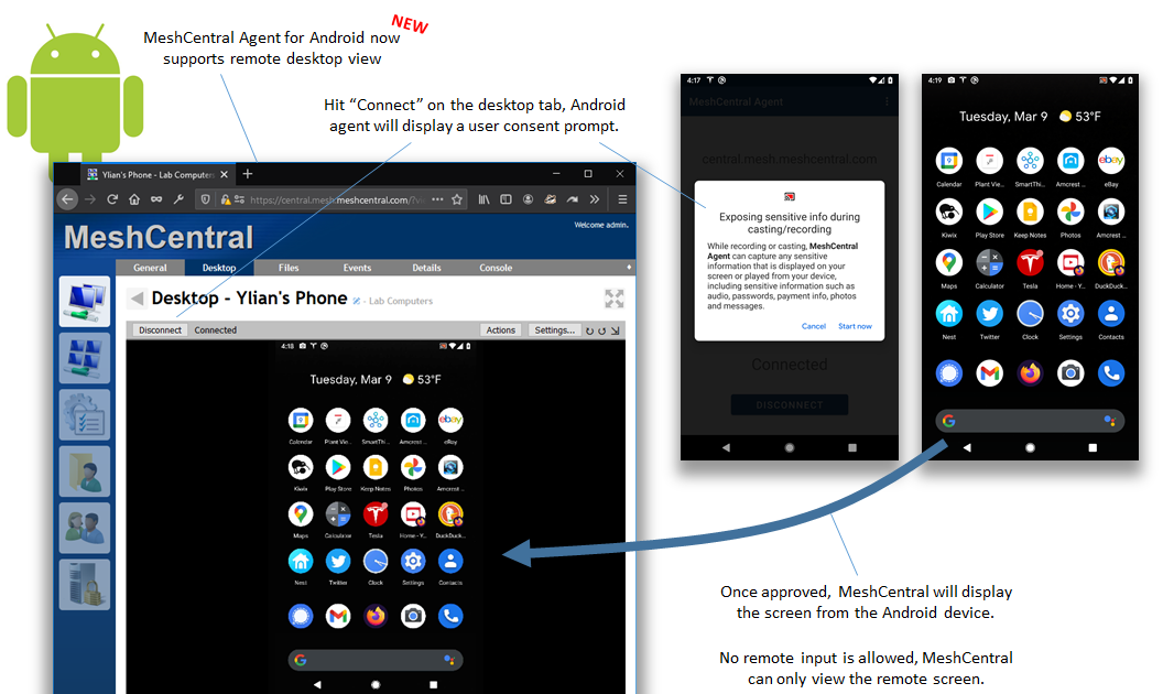 MeshCentral - Android Screen Sharing, Previous Logins, Device Router Links, Router SSH, OS Filter